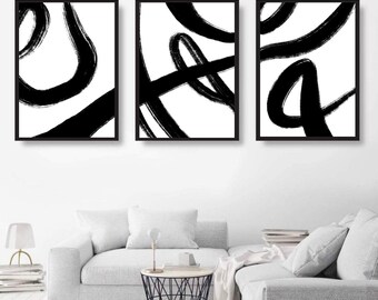 Instant Download Set of 3 Abstract B&W Line Art Prints Aesthetic Wall ...