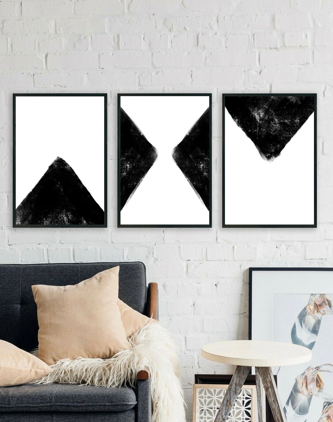 Triangle Geometric Print Wall Art Set of 3, Printable Digital B&W Art ...