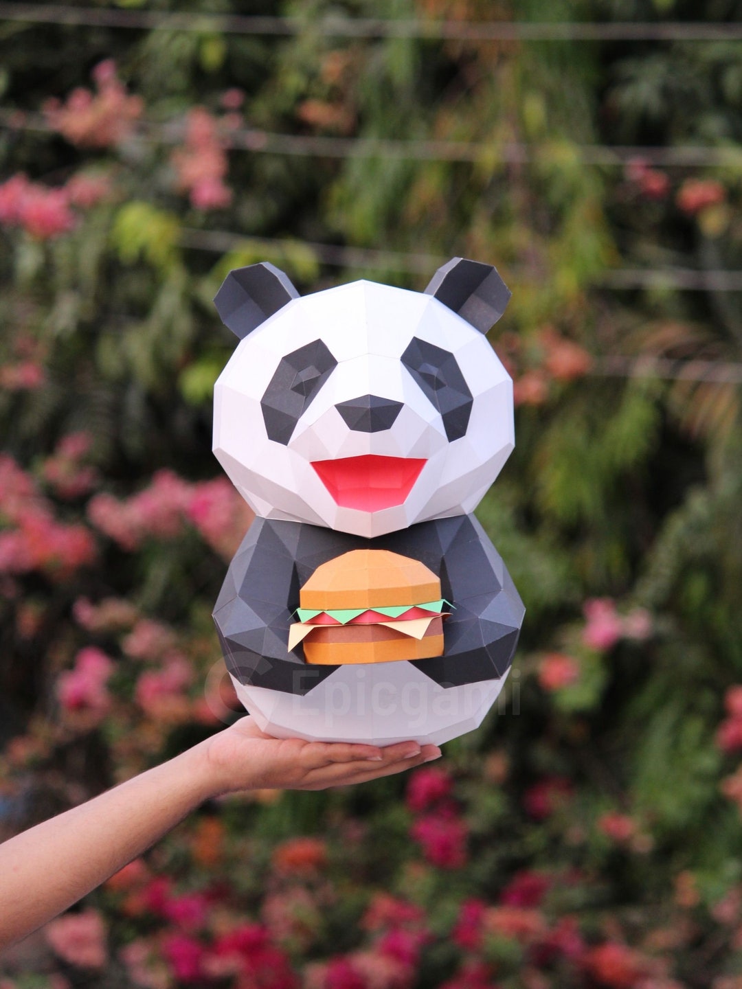 Panda With Burger 3d Paper Craft SVG and PDF, Low Poly 3d Paper Craft ...