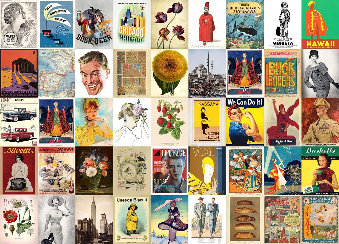 Wall Collage Kit, Mixed Vintage Posters Vol.3, 45 Images of Vintage ...
