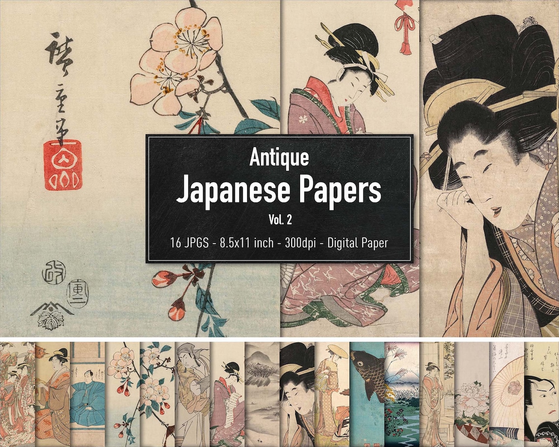Antique Japanese Papers, Digital Paper, Vol.2, Vintage Woodblock ...