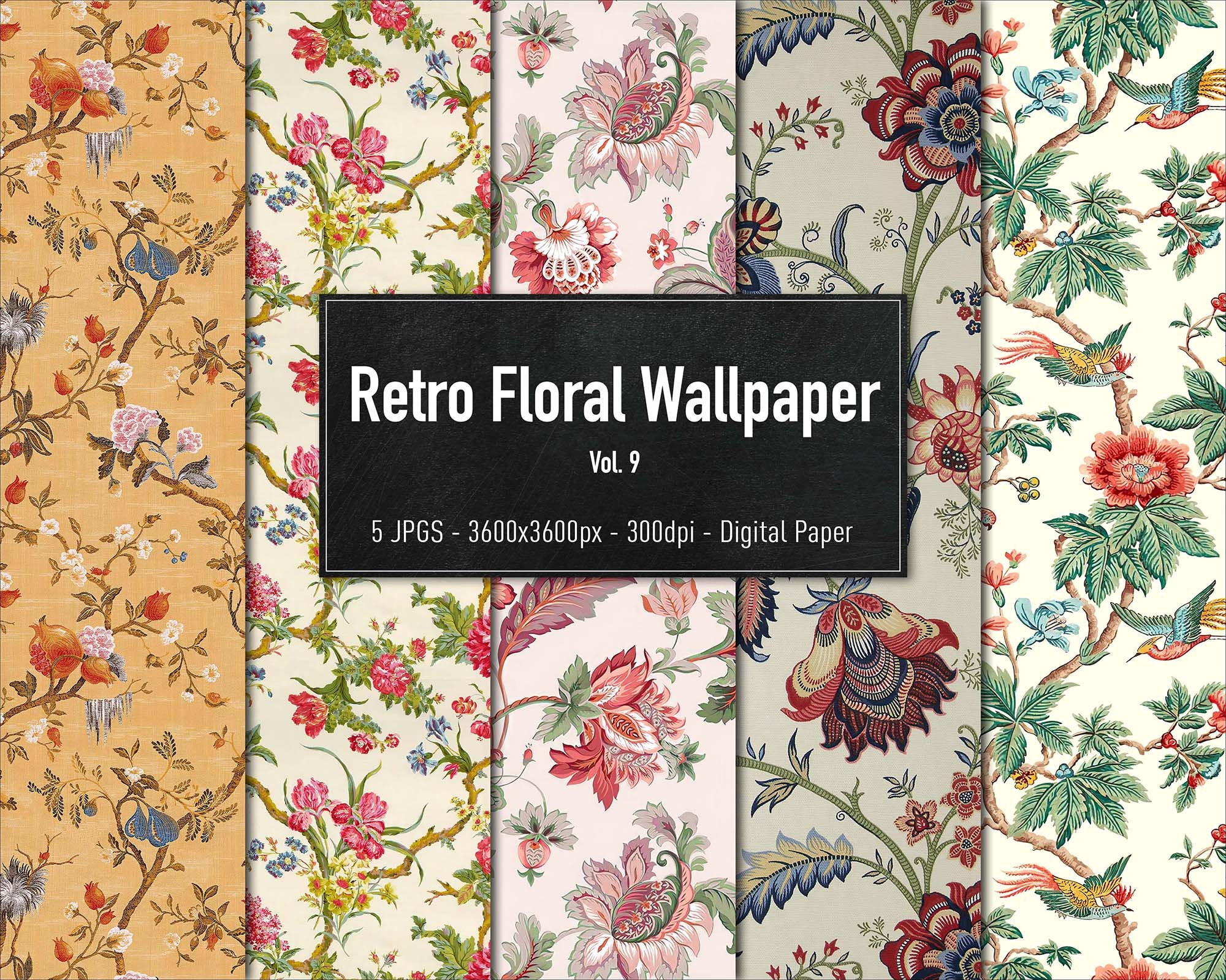 Retro Floral Wallpapers Digital Paper Vol.9 Instant - Etsy