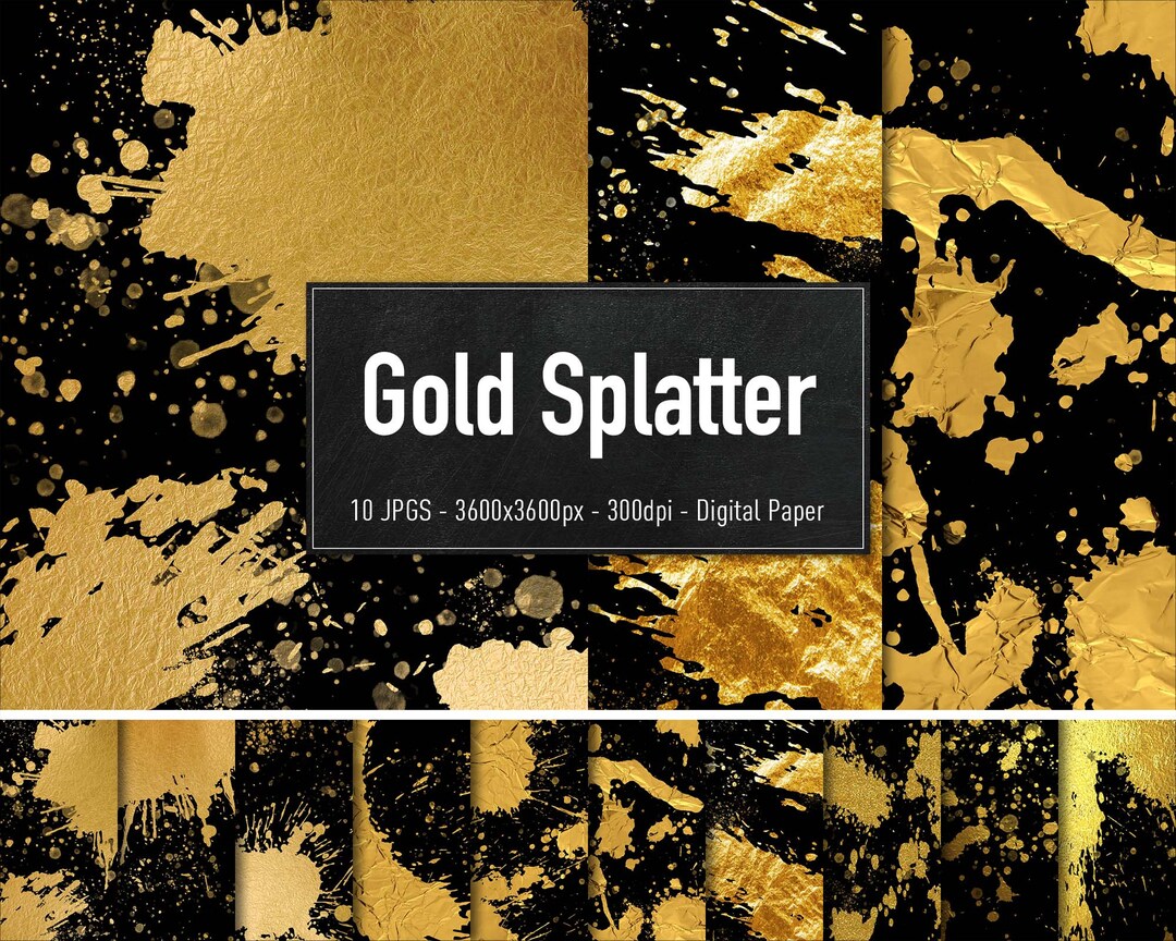 Gold Splatter on Black, 10 Different Images, Digital Paper, Instant ...