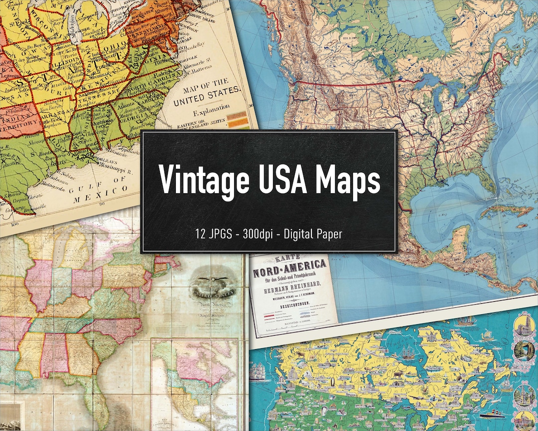 Vintage USA Maps, 12 Printable Illustrations, Digital Paper, Instant ...