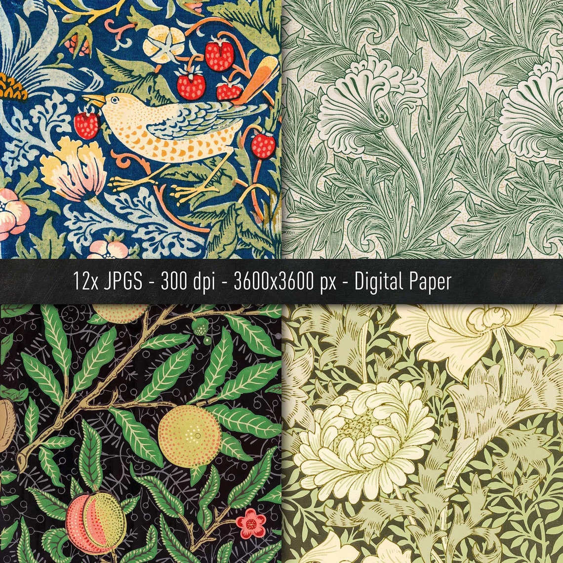 William Morris, Floral Pattern, 12 Different Images, Digital Paper ...