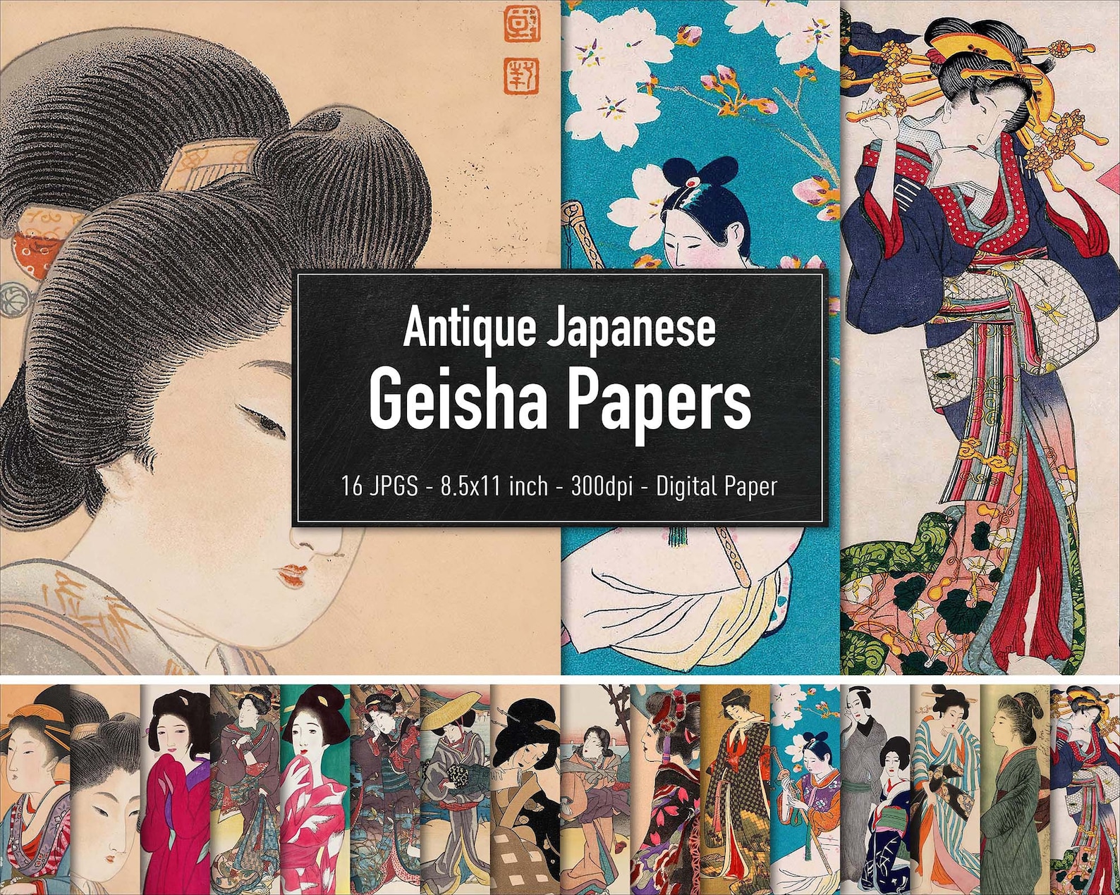Japanese Geisha Papers Digital Paper Vintage Illustrations - Etsy