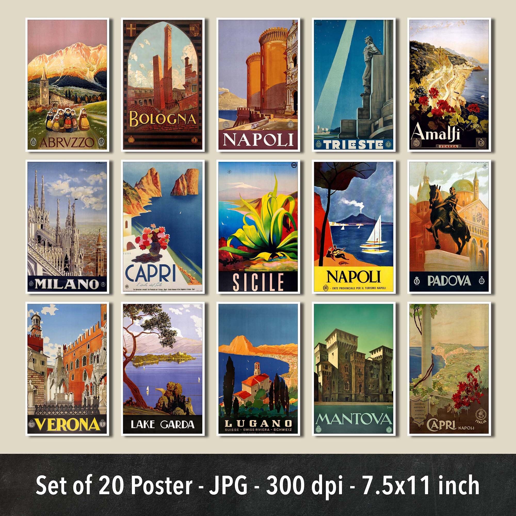 Vintage Italian Travel Poster, Set of 20 Hi-res Jpgs, Printable Poster ...