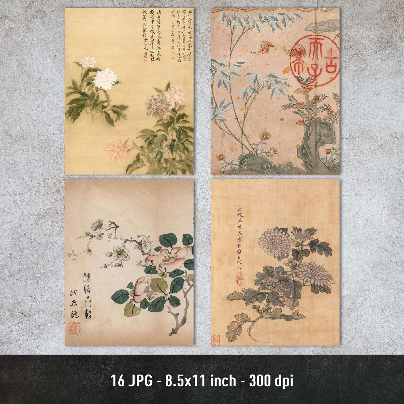 Antique Chinese Papers, Digital Paper, Vol.3, Vintage Illustrations ...