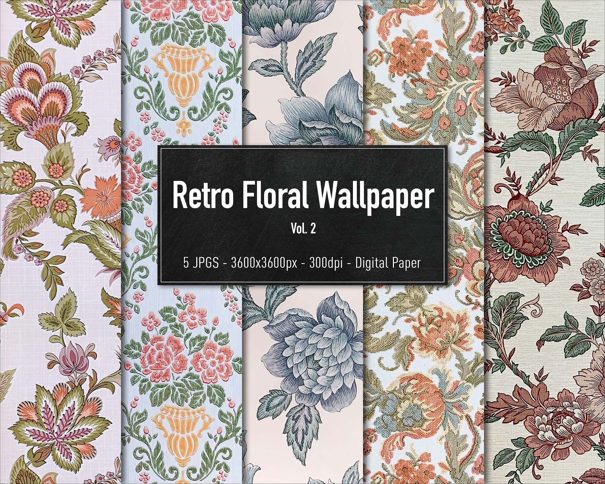 Retro Floral Wallpapers Digital Paper Vol.2 Instant | Etsy