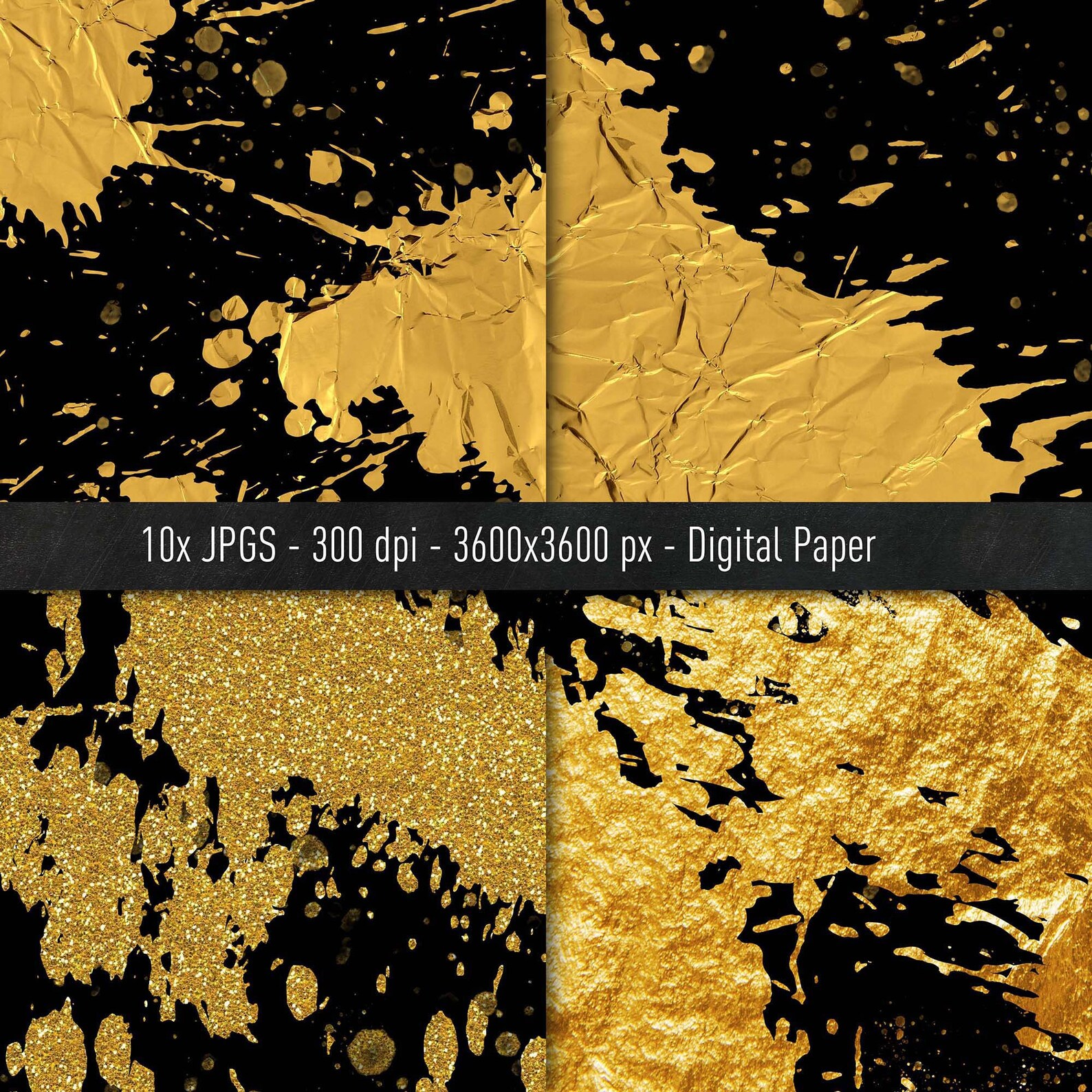 Gold Splatter on Black 10 Different Images Digital Paper | Etsy