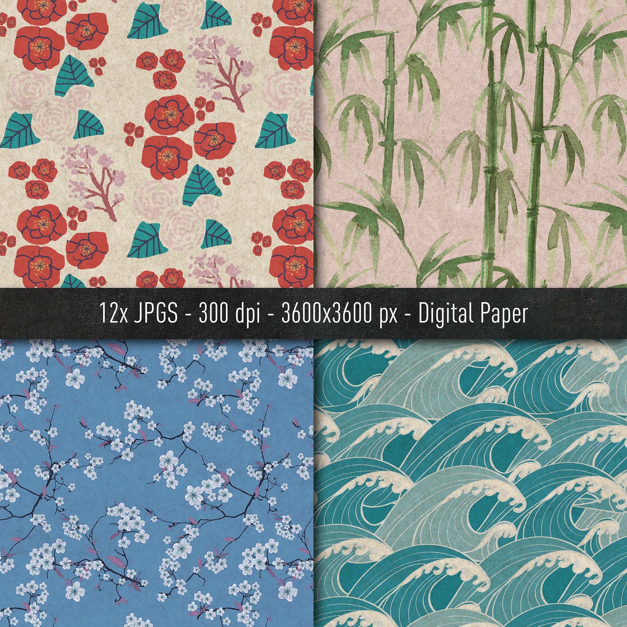 Japanese Paper Vol. 2, 12 Different Images, Digital Paper, Instant ...