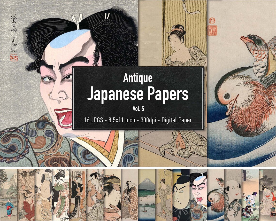 Antique Japanese Papers, Digital Paper, Vol.5, Vintage Woodblock ...