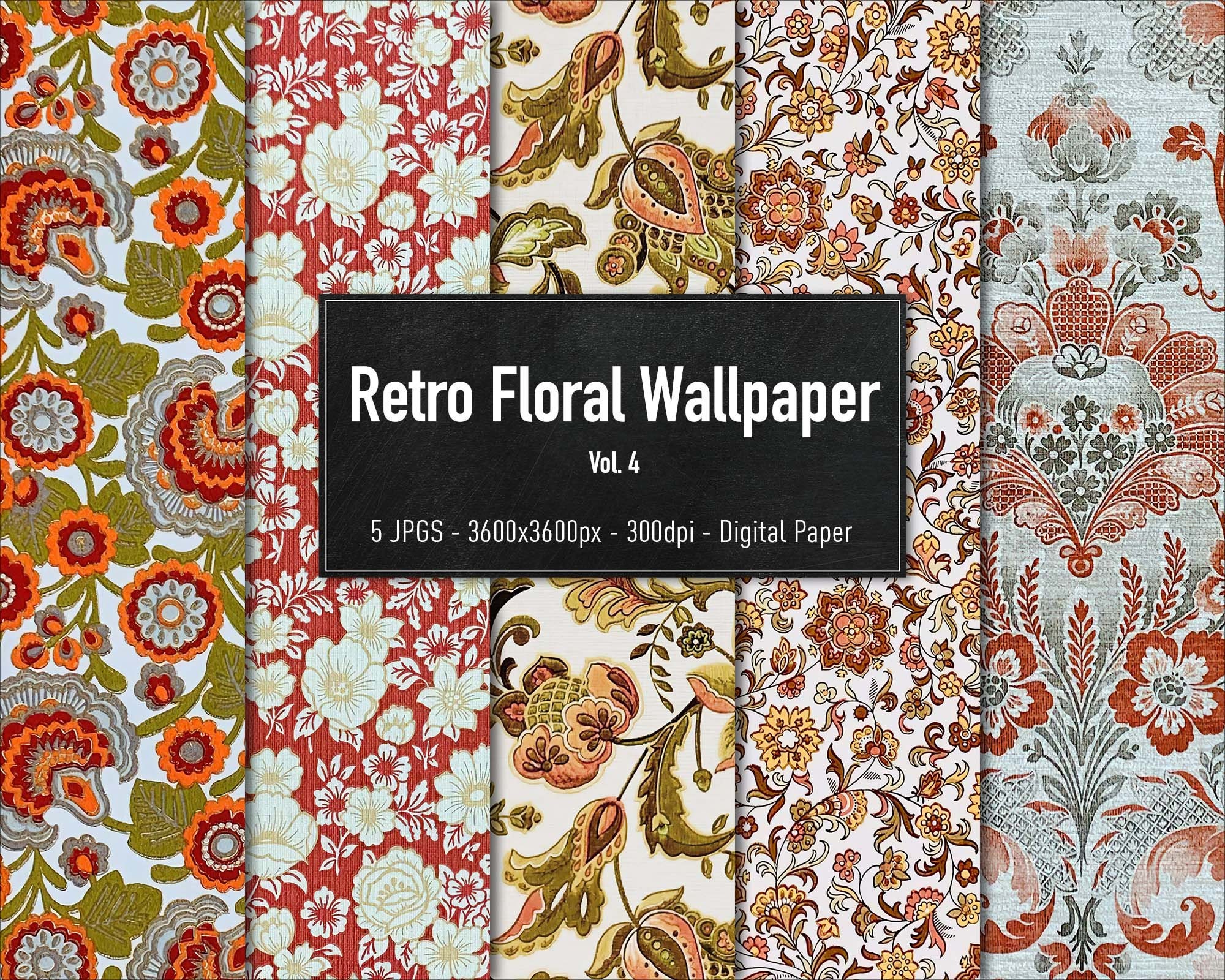 Retro Floral Wallpapers Digital Paper Vol.4 Instant | Etsy