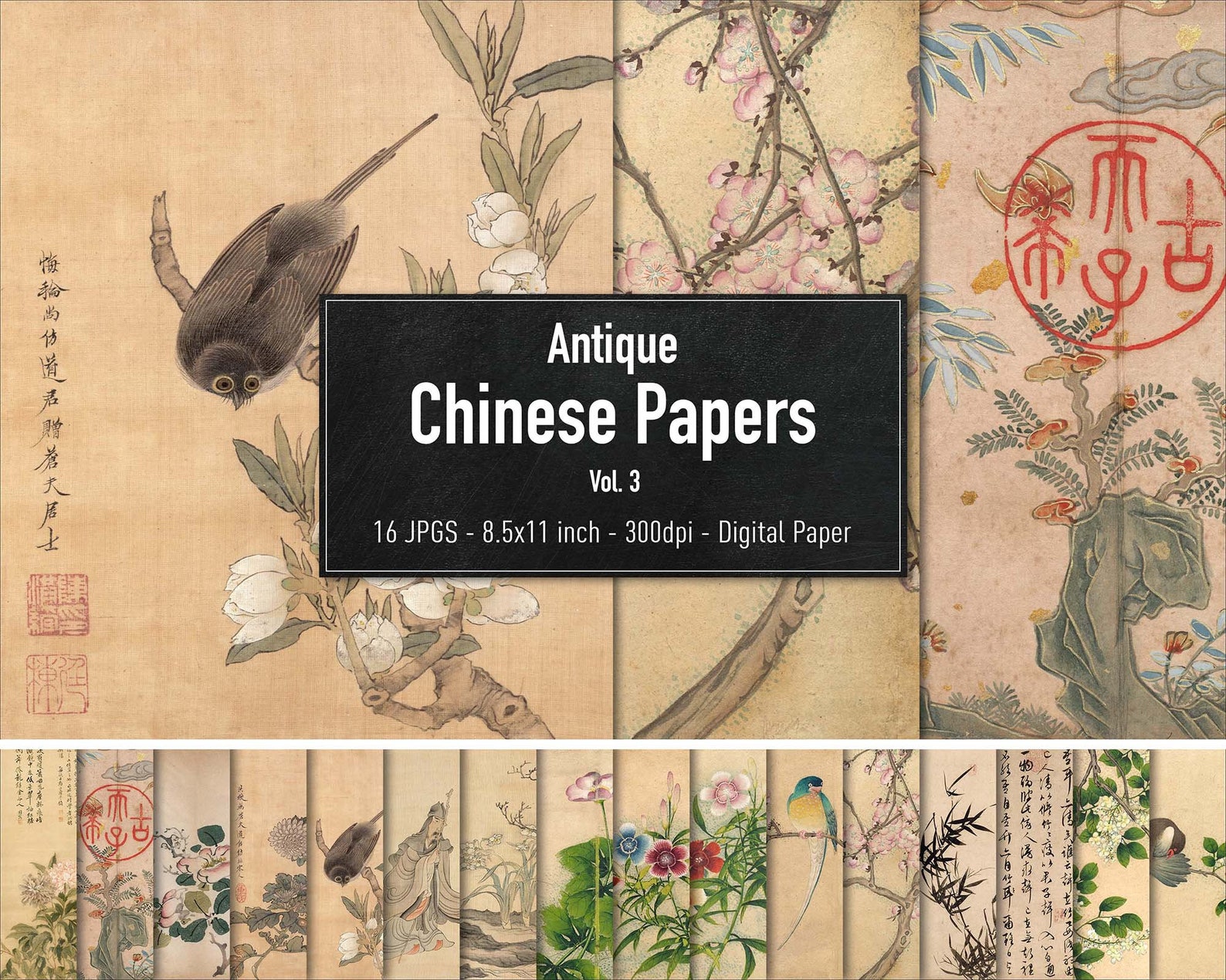 Antique Chinese Papers, Digital Paper, Vol.3, Vintage Illustrations ...
