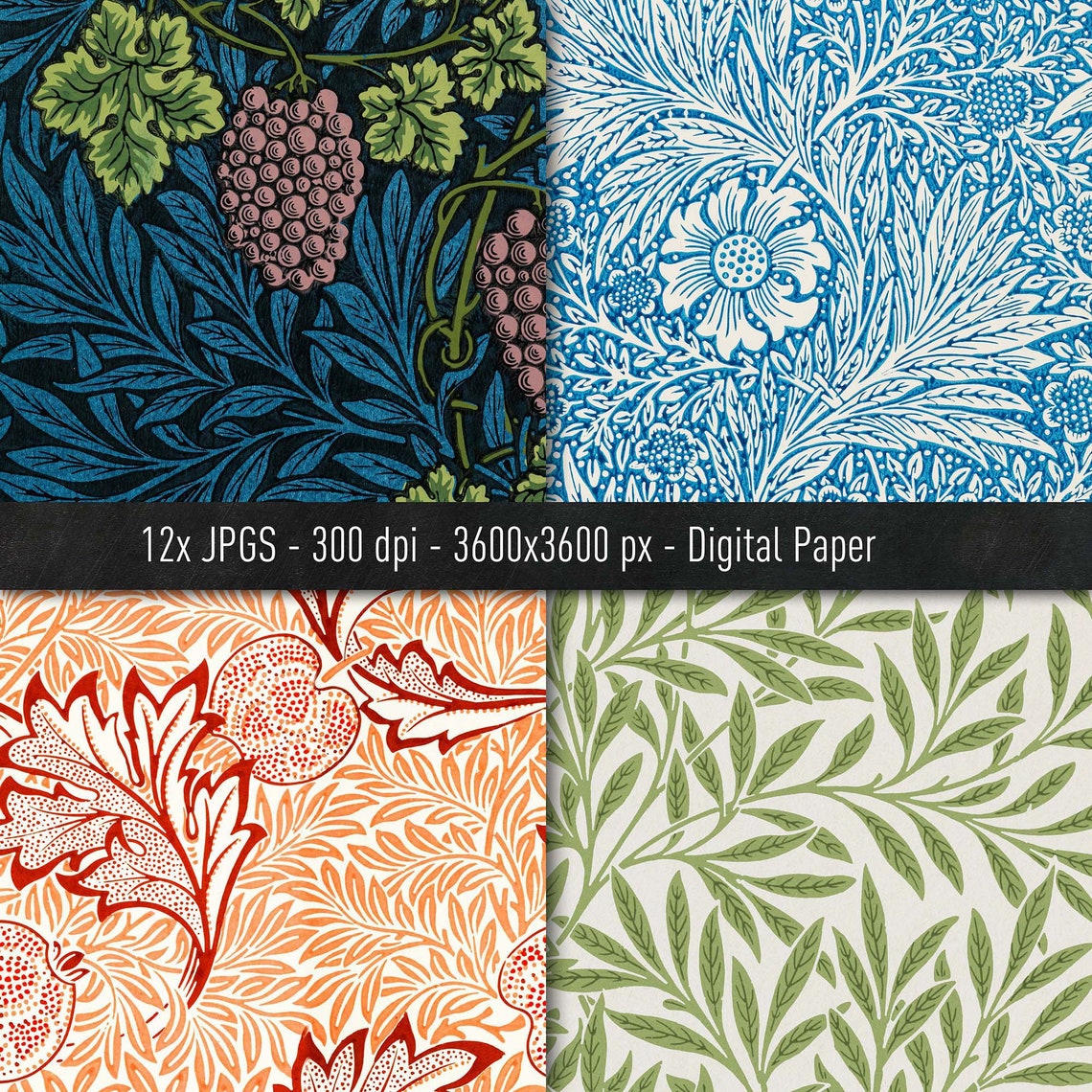 William Morris, Floral Pattern, 12 Different Images, Digital Paper ...