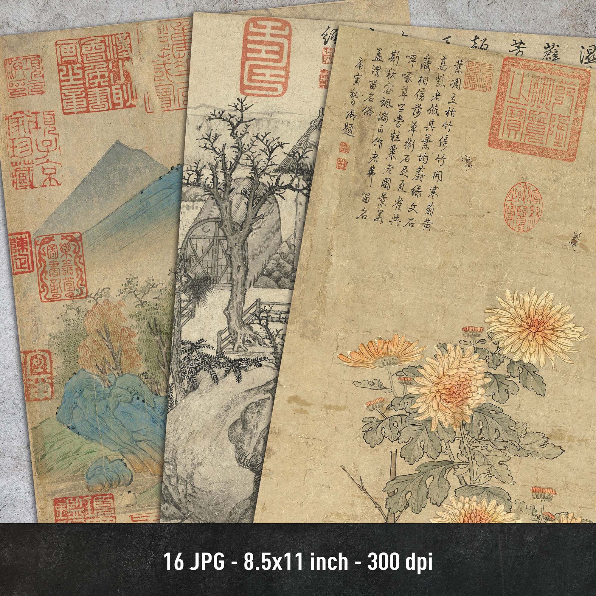Antique Chinese Papers, Digital Paper, Vol.2, Vintage Illustrations ...