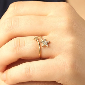 14K Gold Star Ring, Diamond Star Ring, Open Dual Star Ring, Dainty ...