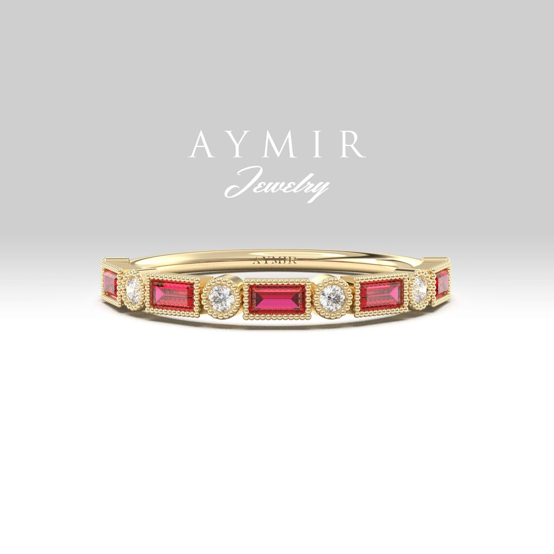 14K Gold Ruby Ring, Diamond Ruby Ring, Wedding Band Ring, Dainty Ruby ...