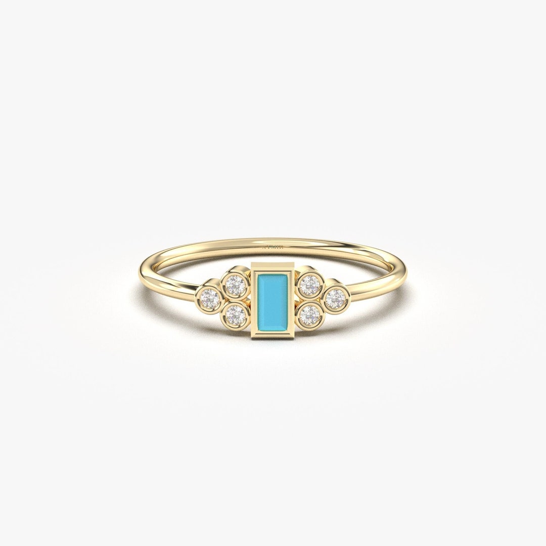 14K Solid Gold Turquoise Diamond Signet Ring, Minimalist December ...