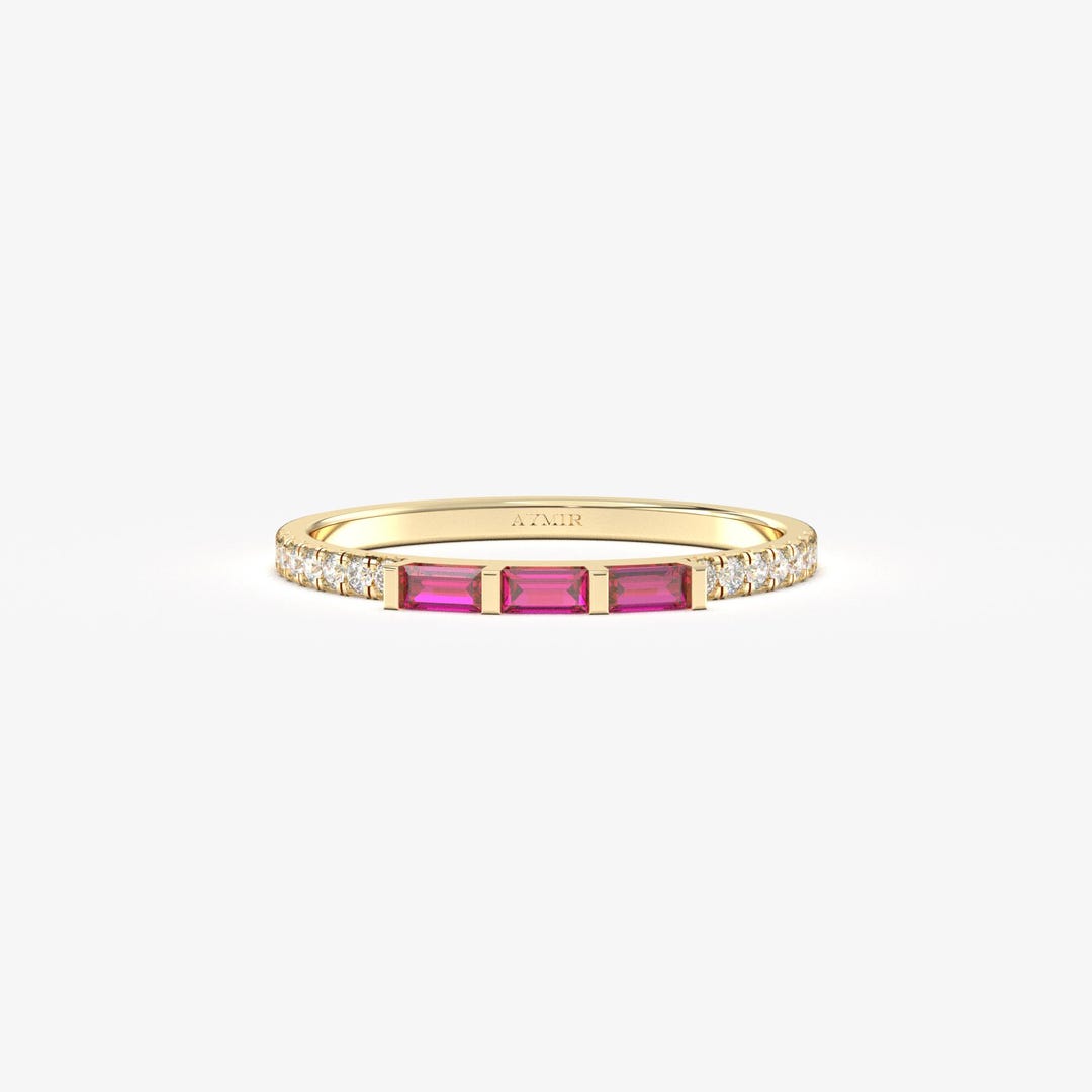 14K Solid Gold Baguette Ruby Diamond Ring, Stack July Birthstone Band ...