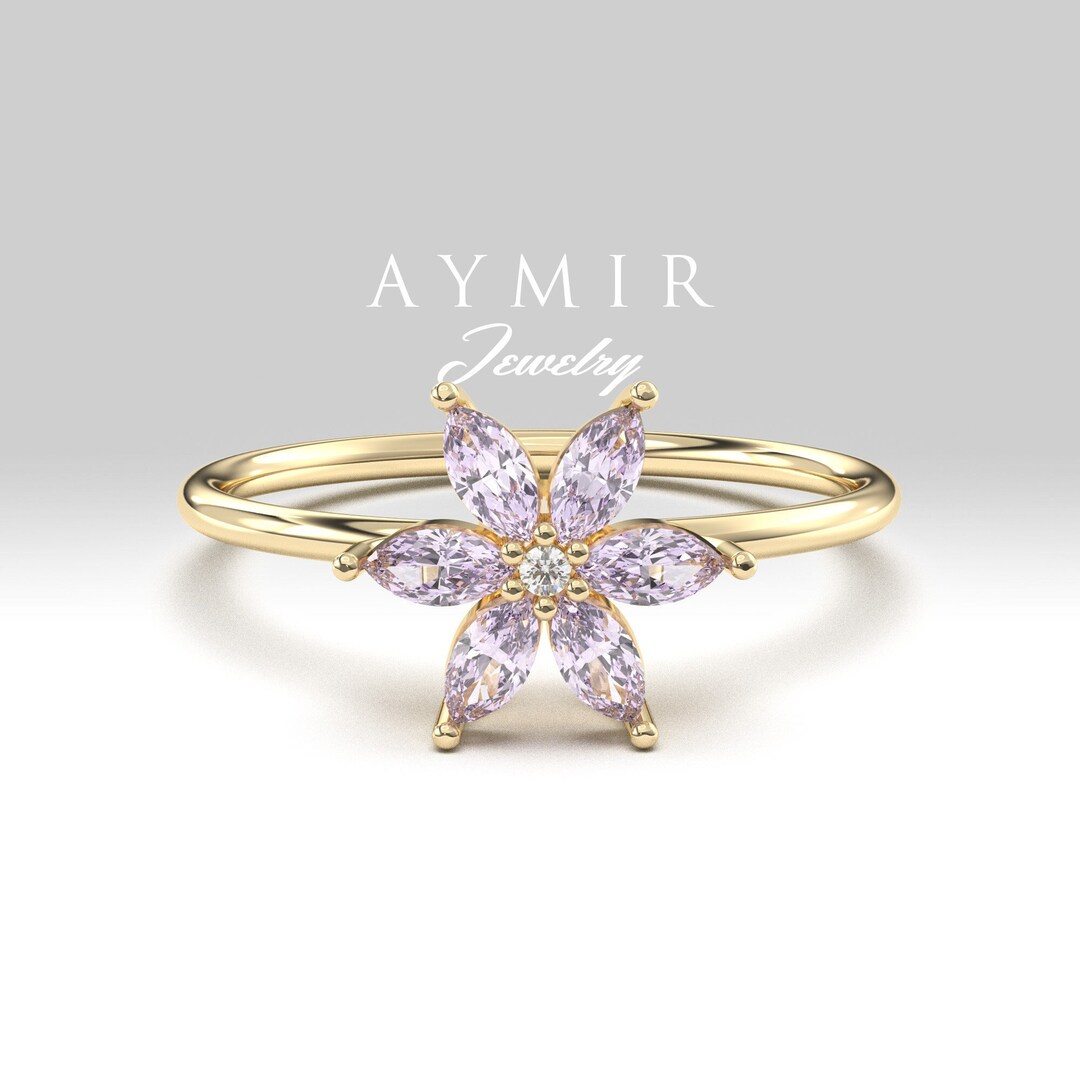 14K Solid Gold Marquise Lavender Diamond Ring, Dainty Flower Band - Etsy UK