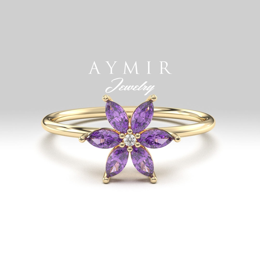 14K Gold Amethyst Flower Ring, Dainty Amethyst Ring, February ...