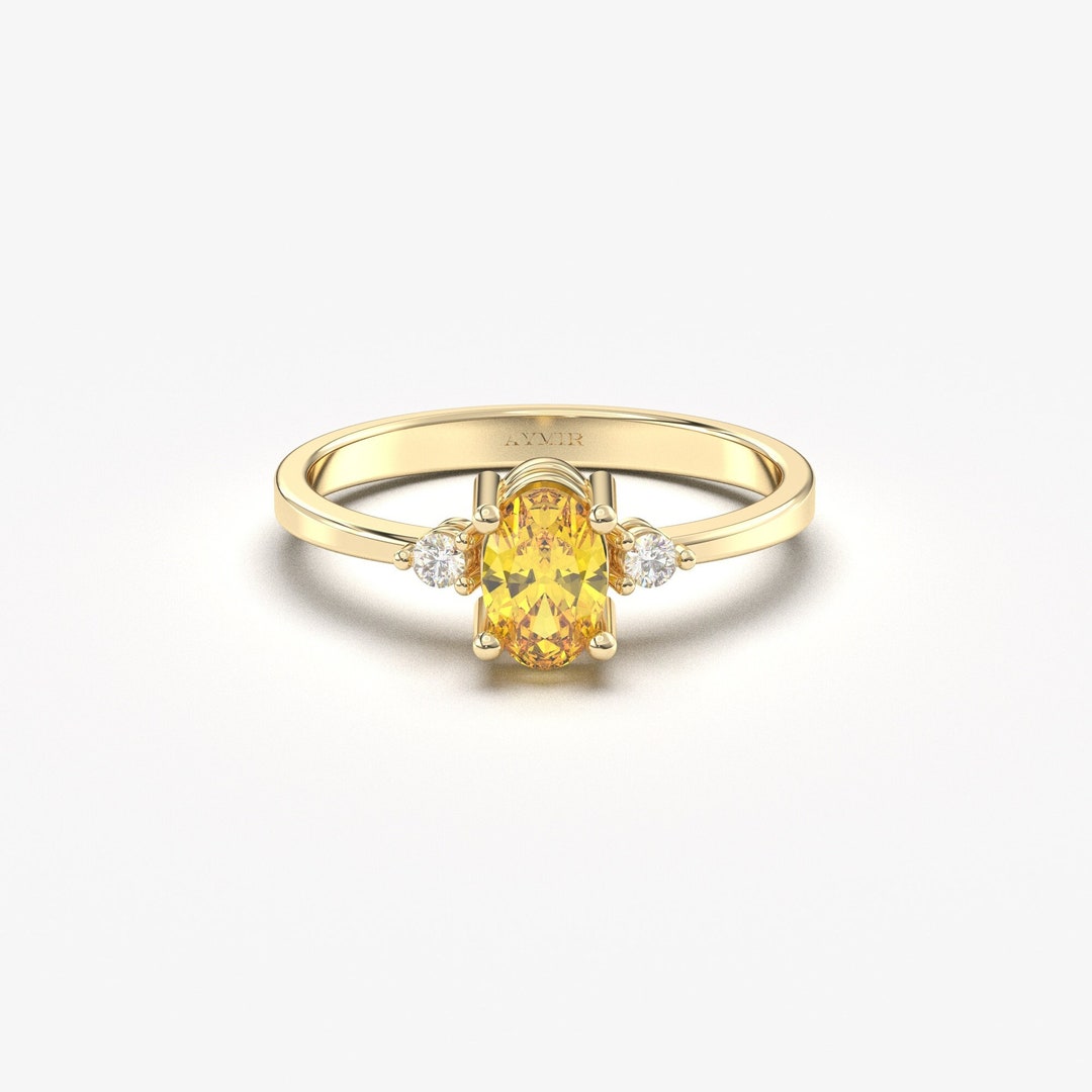 14k Gold Citrine Engagement Ring, Solid Gold Diamond Ring, Dainty Oval ...
