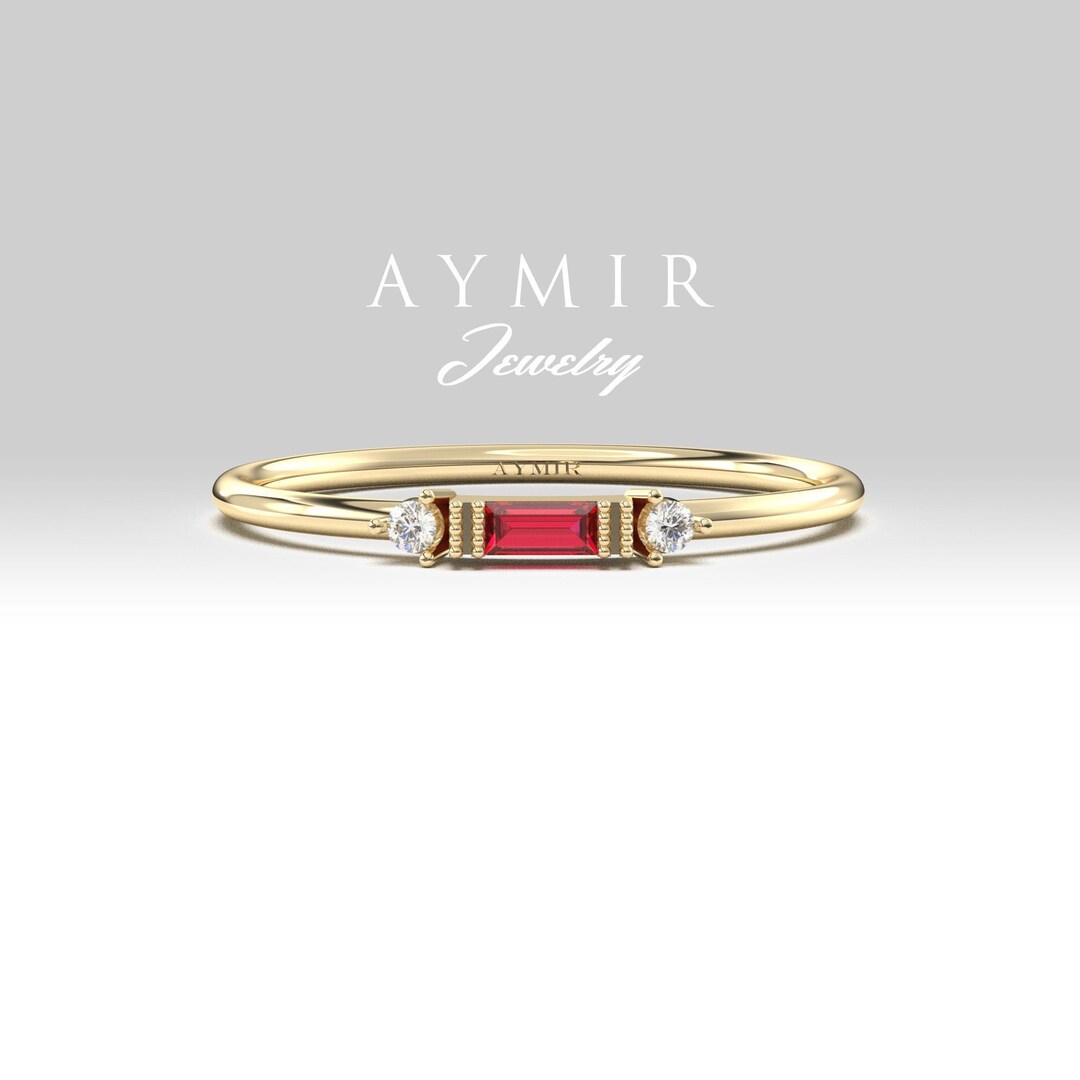 Baguette Ruby & Round Diamonds Ring, Baguette Ruby Ring, 14K Solid Gold Ruby Baguette Ring ...