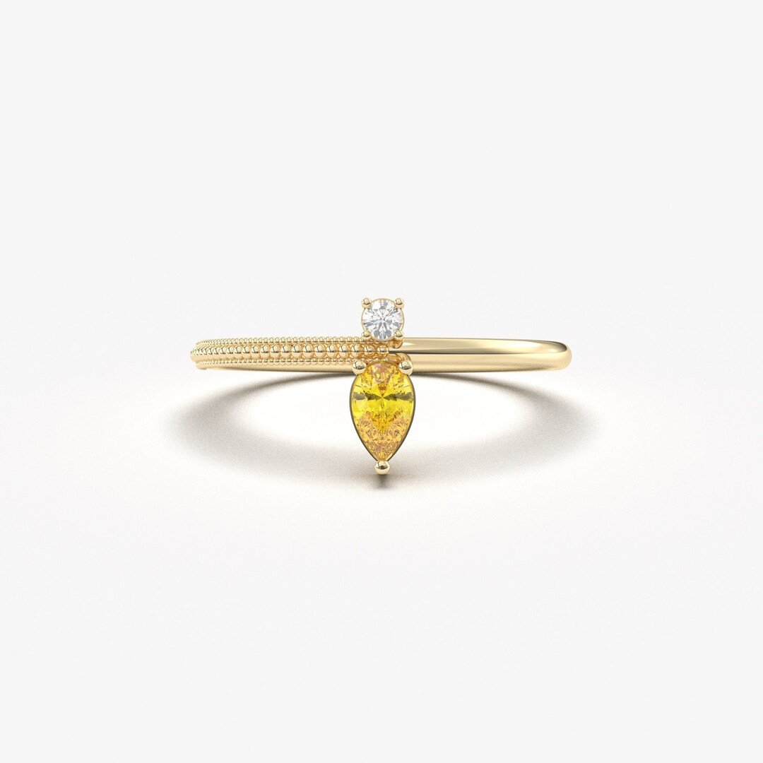 14K Solid Gold Pear Citrine Diamond Ring – Minimalist Style - Etsy UK