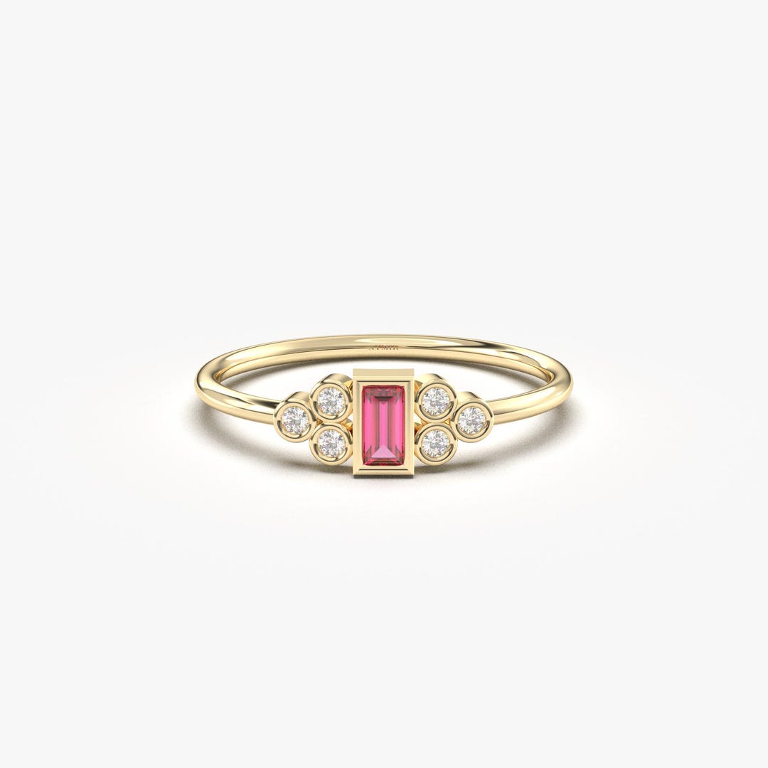 14K Gold Baguette Ruby Diamond Ring, Solid Gold Rectangle Ruby and CZ ...