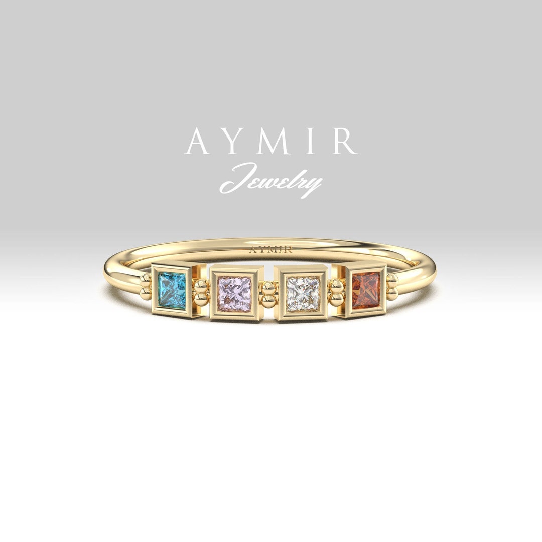 Personalized 14K Gold Birthstone Ring, Dainty Birthstone Ring, Family ...