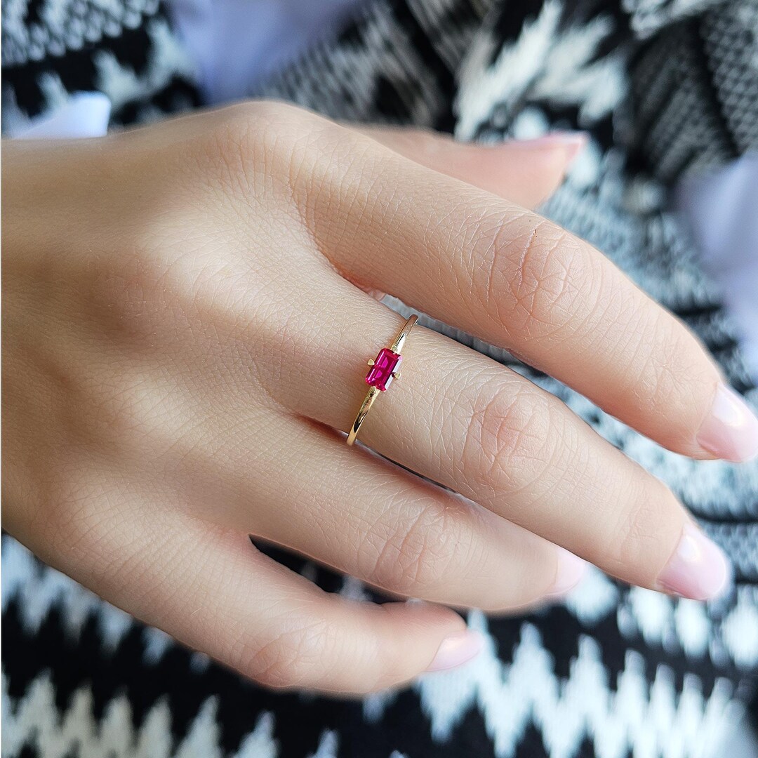 14k Solid Gold Ruby Baguette Solitaire Ring | Ruby Engagement Ring ...