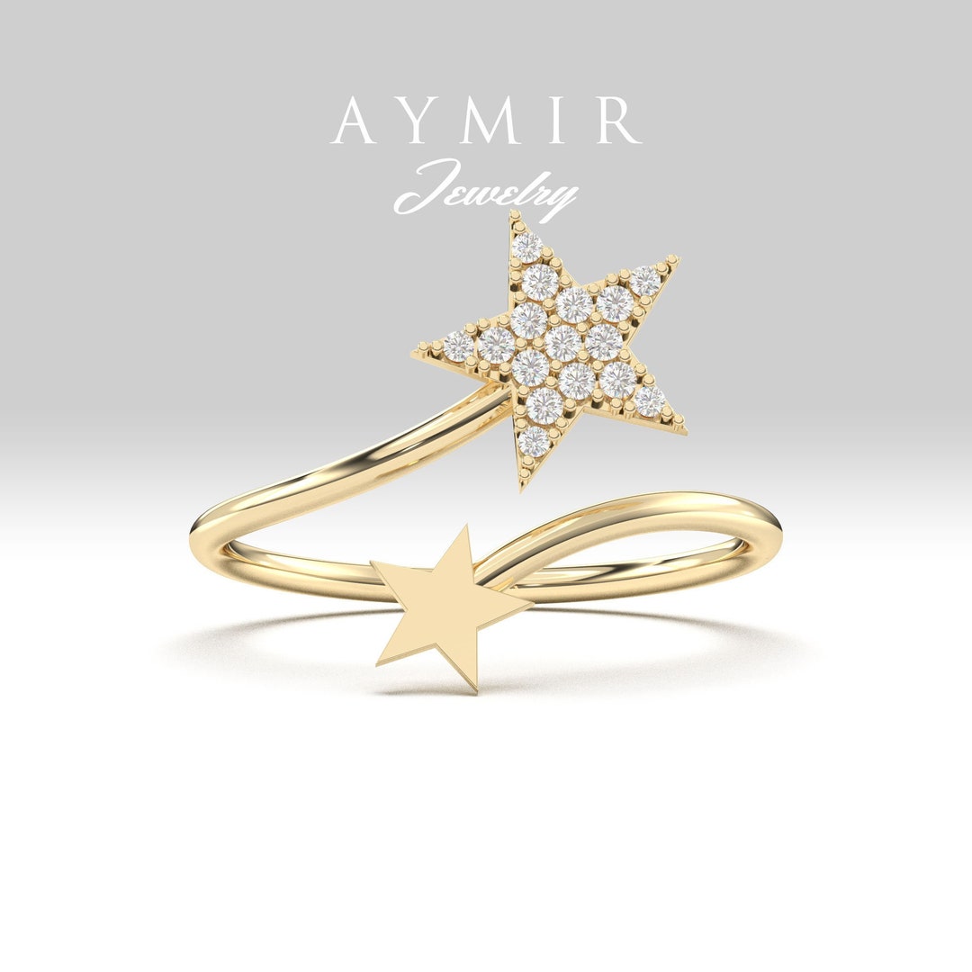 14K Gold Star Ring, Diamond Star Ring, Open Dual Star Ring, Dainty ...