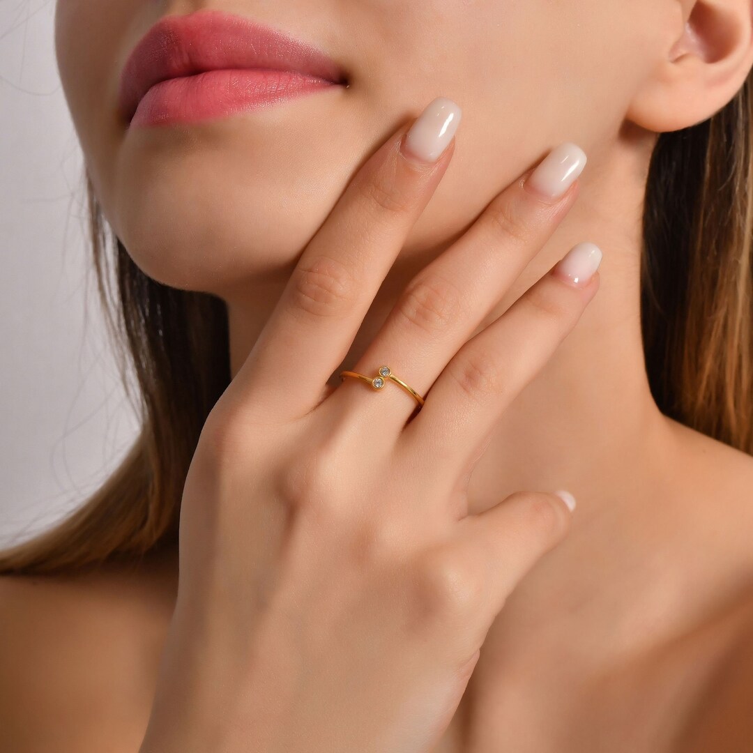 14K Gold Dual Diamond Ring, Minimalist Gold Ring, White Natural Diamond, Solid Gold Ring, Dainty ...