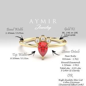 14k Solid Gold Pear Ruby Ring | Diamond Red Ruby Solitaire Ring | Teardrop Gemstone Anniversary ...