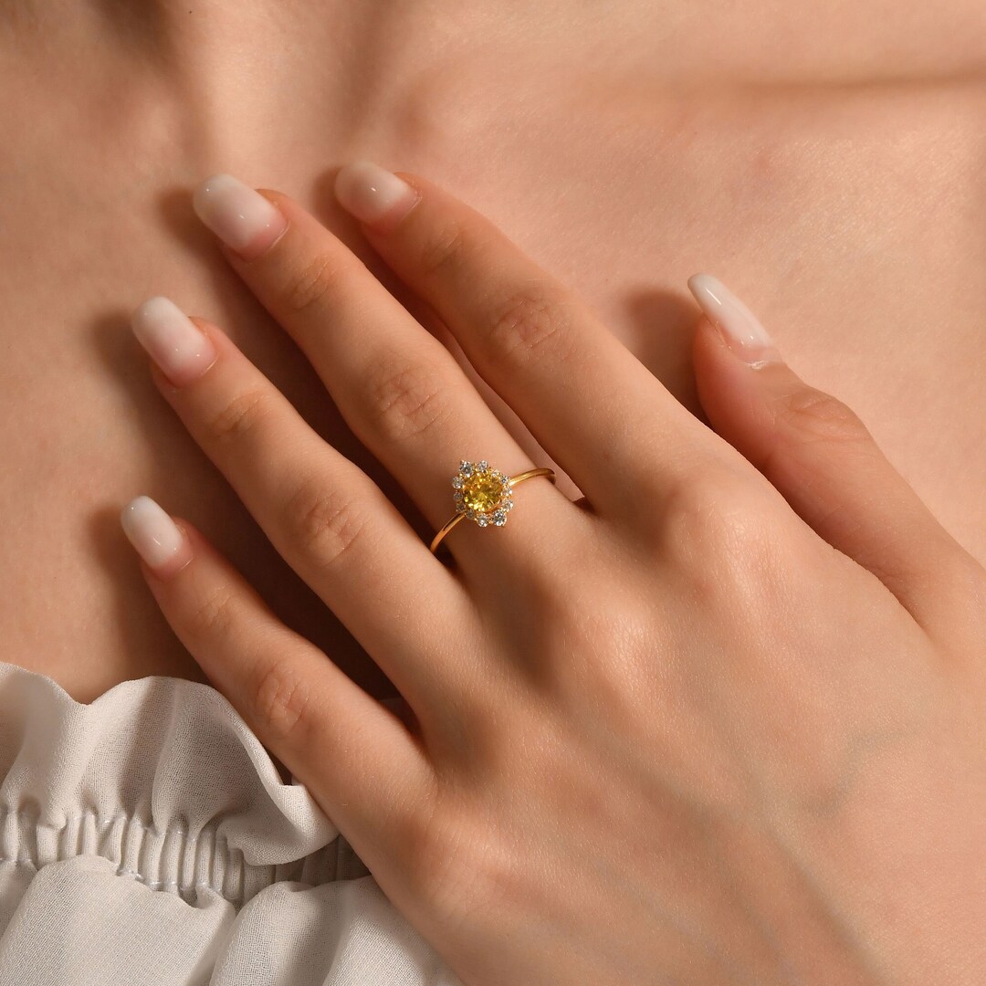 14k Solid Gold Citrine Diamond Ring | Halo Engagement Ring Women | Yellow Gemstone Delicate Ring ...