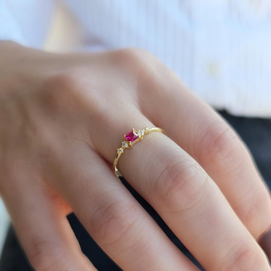 Ruby Diamond Gold Ring, 14K Gold Princess Ruby Ring, Square Ruby ...