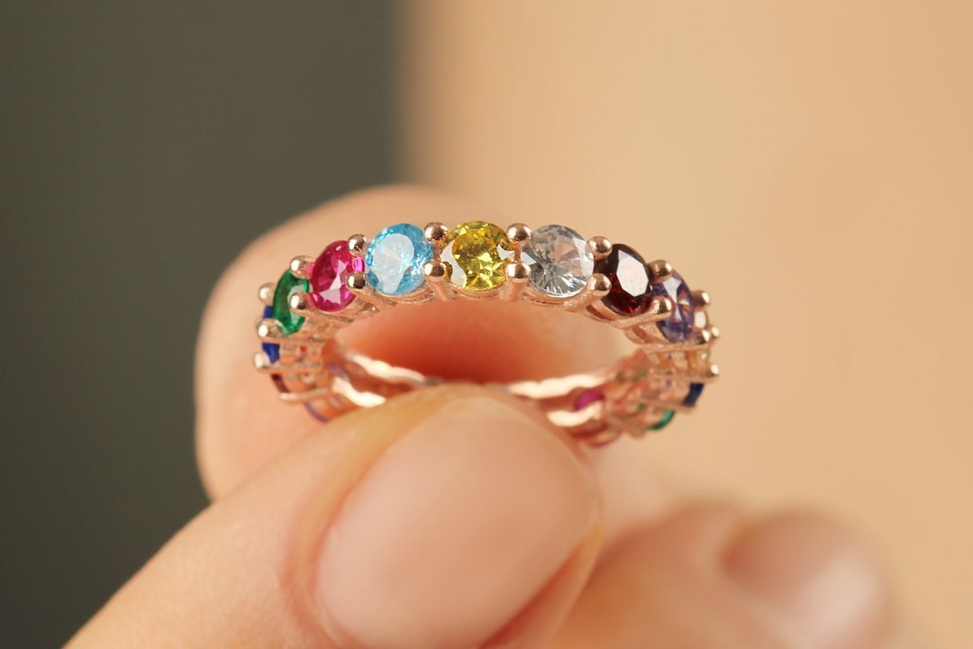 Personalized Rainbow Color 10 Gemstone Ring / 14K Gold Multicolored ...