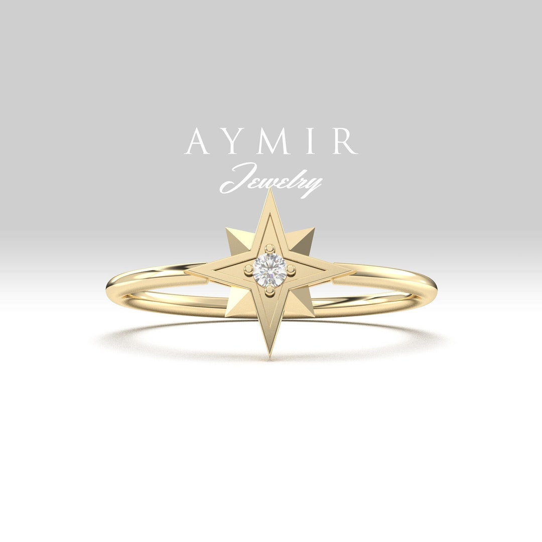 14K Gold Northstar Diamond Ring, Star Ring, Starburst Gold Ring, Dainty North Star Ring, Mermaid ...