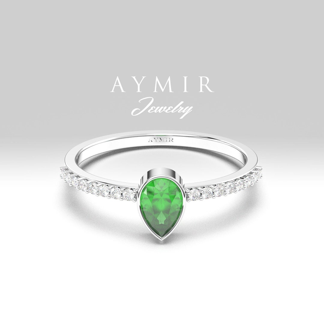 Emerald Pear Diamond Band Ring, 14K Gold Minimalist Emerald Ring ...