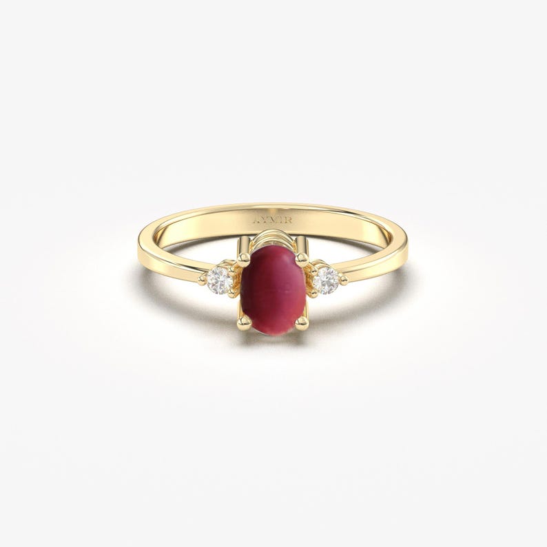 14K Solid Gold Oval Coral Diamond Ring, Solitaire Tapered Engagement ...