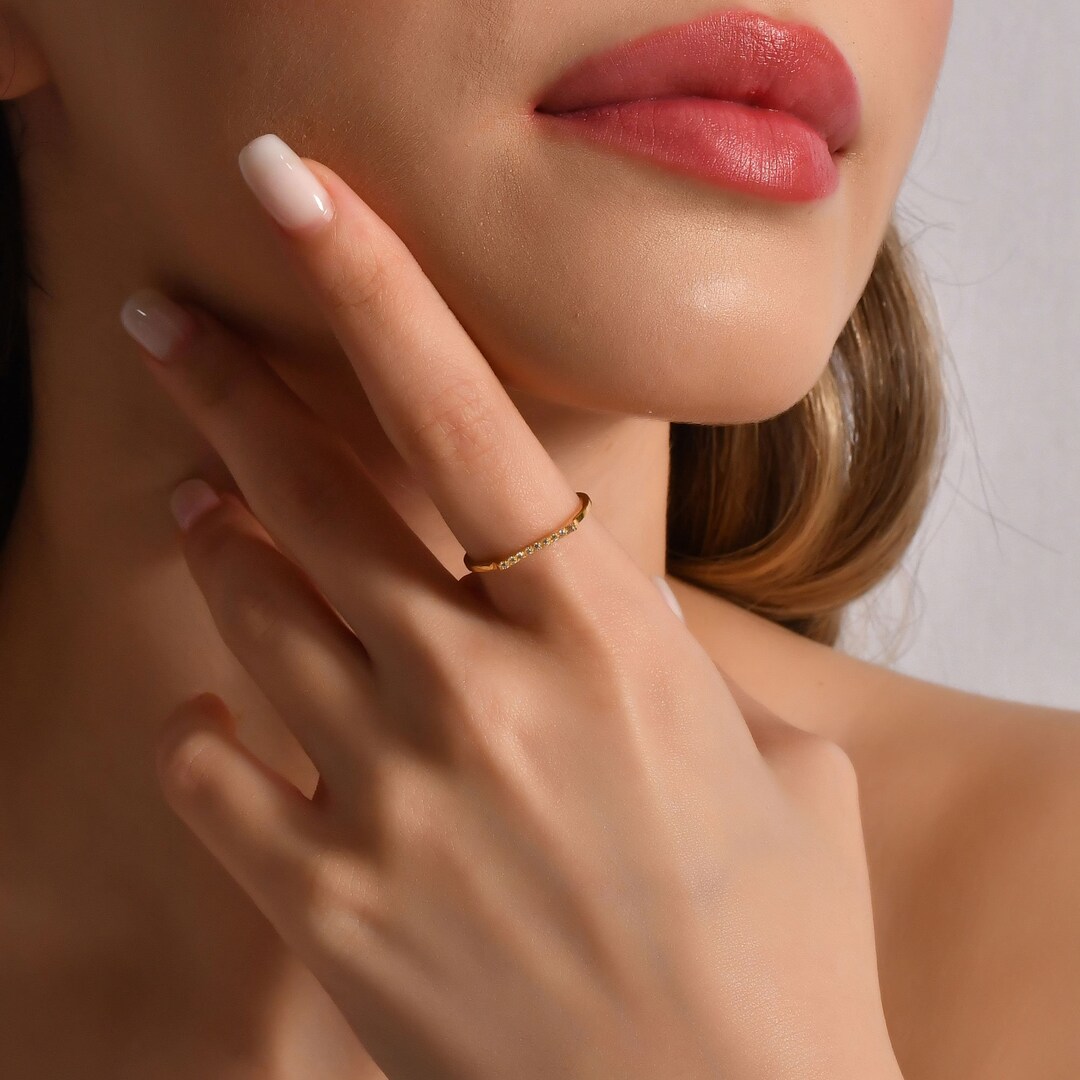 Stackable Diamond Ring, 14K Gold Ring, Tiny Minimalist Ring, Thin Band Ring, Natural Diamond ...