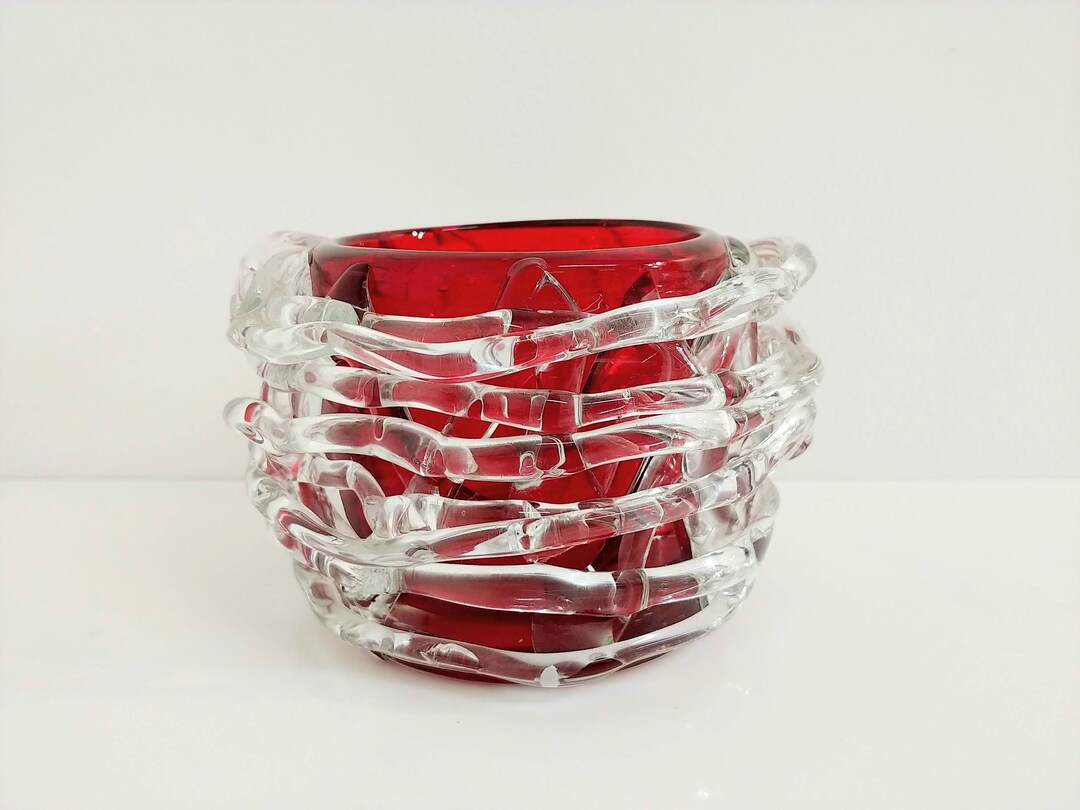 Ion Tamaian Bowl - Heavy Ruby Red Blown Glass With Clear Fused Glass ...
