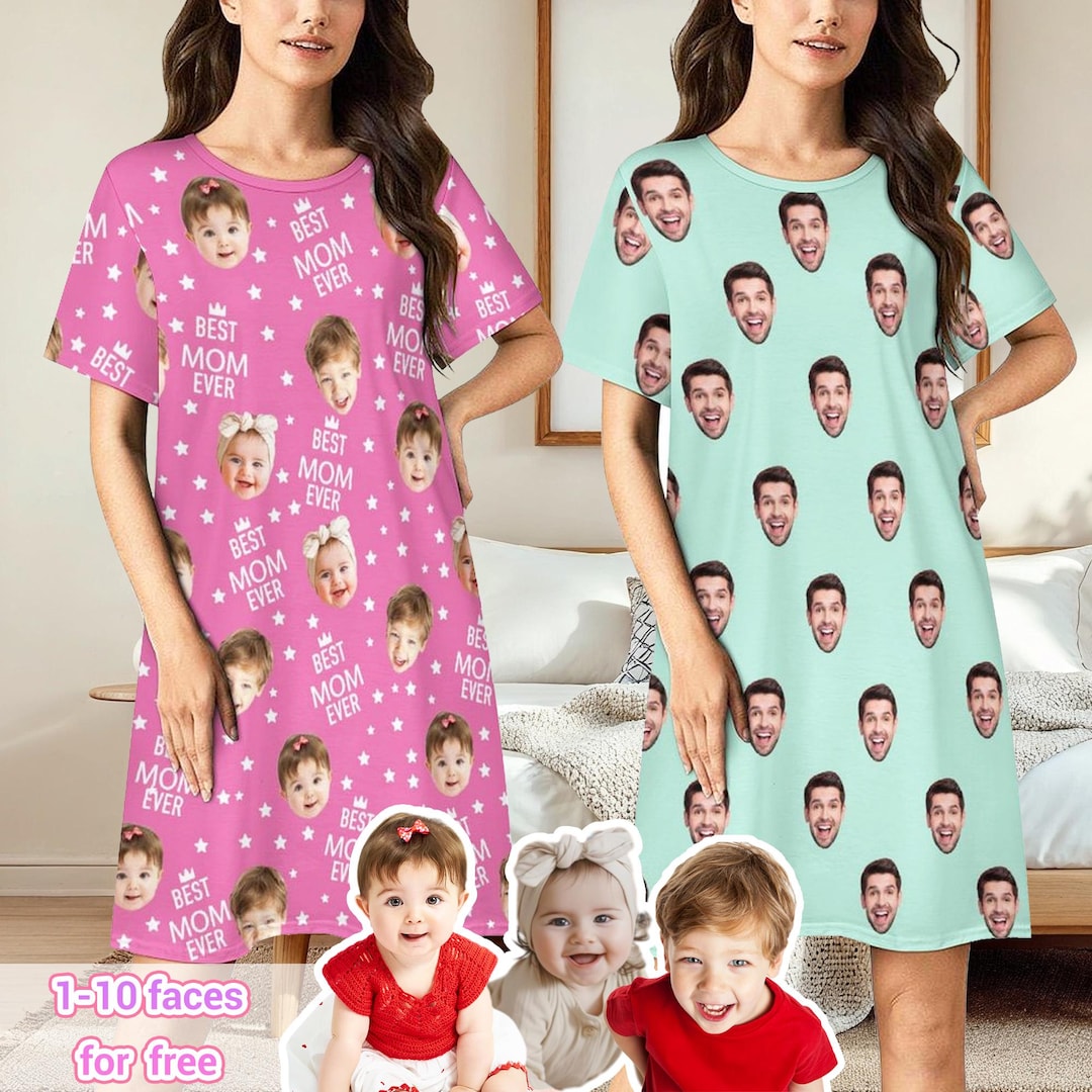Custom Photo Pajama Dress, Personalized Face Sleepwear, Mother's Day ...