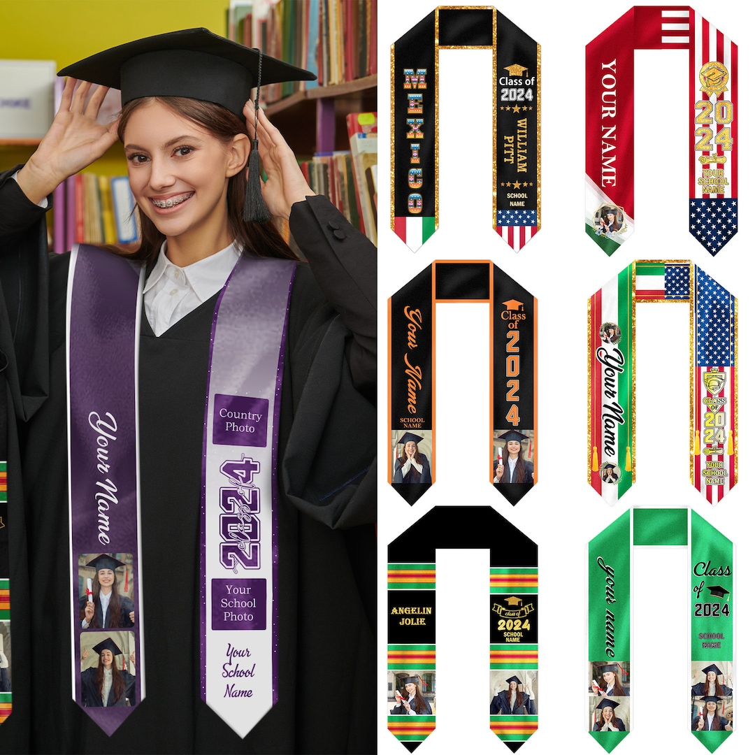 Custom Graduation Stoles, Personalized Photo Graduation Stoles, Custom Mexican/american Flag ...