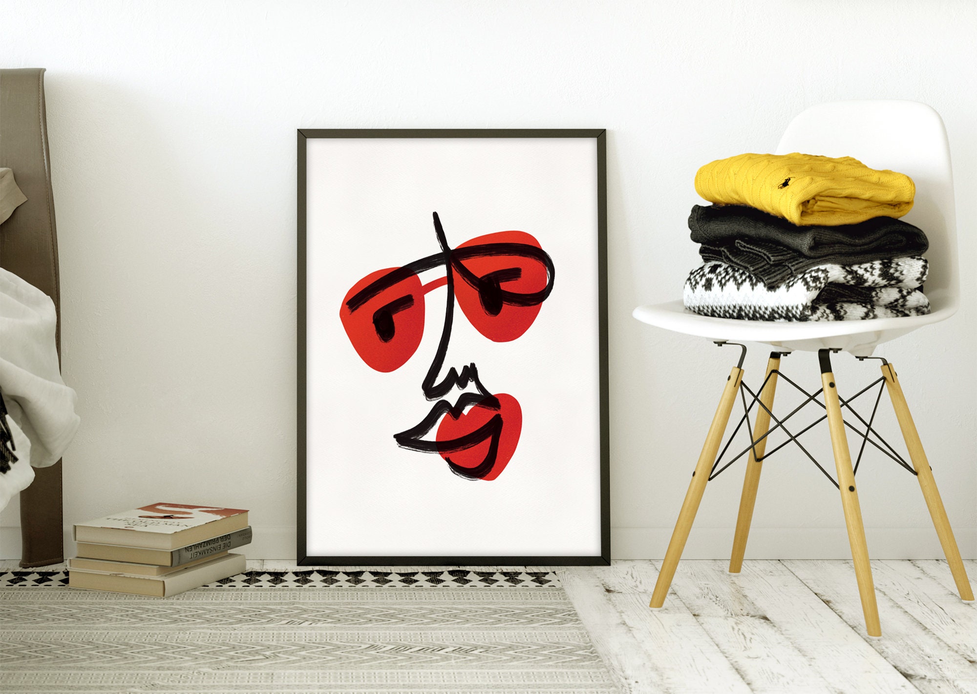 Funny Face Line Art Print, Face Line Drawing Printable Wall Art, Red ...