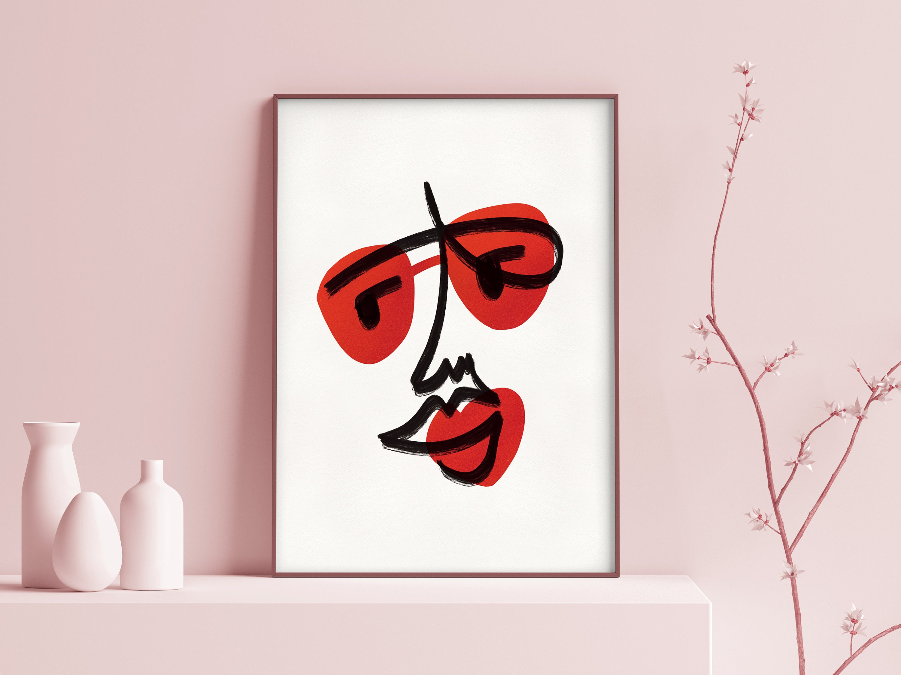Funny Face Line Art Print, Face Line Drawing Printable Wall Art, Red ...