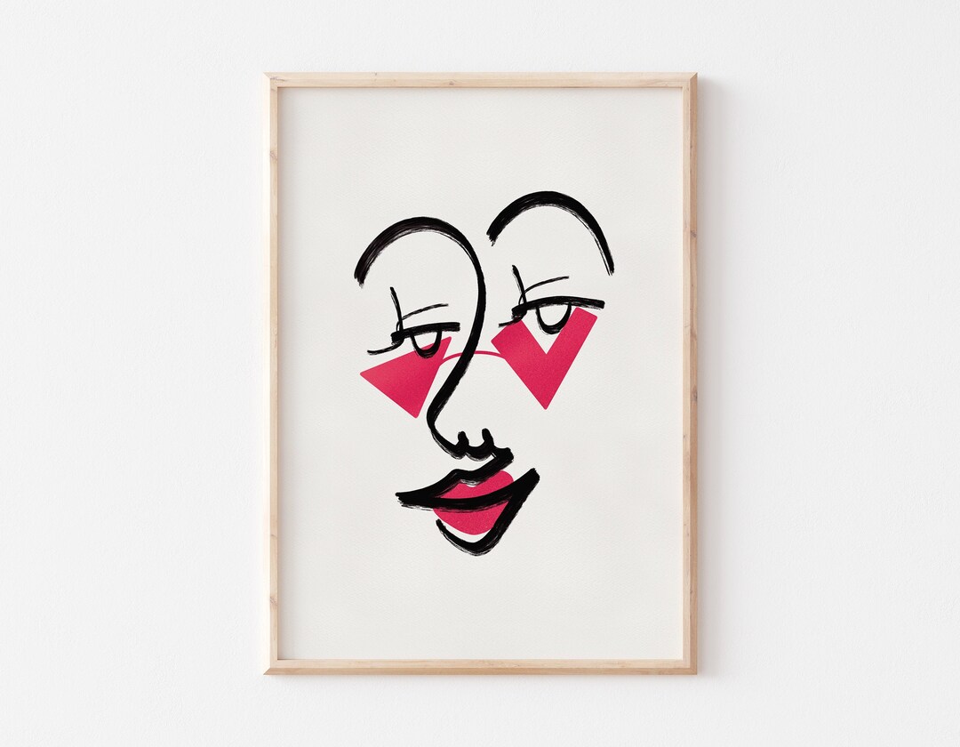 Funny Face Line Art Print, Face Line Drawing Printable Wall Art, Pink ...
