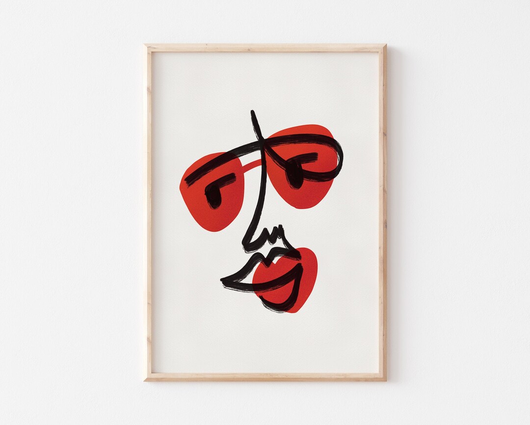 Funny Face Line Art Print, Face Line Drawing Printable Wall Art, Red ...