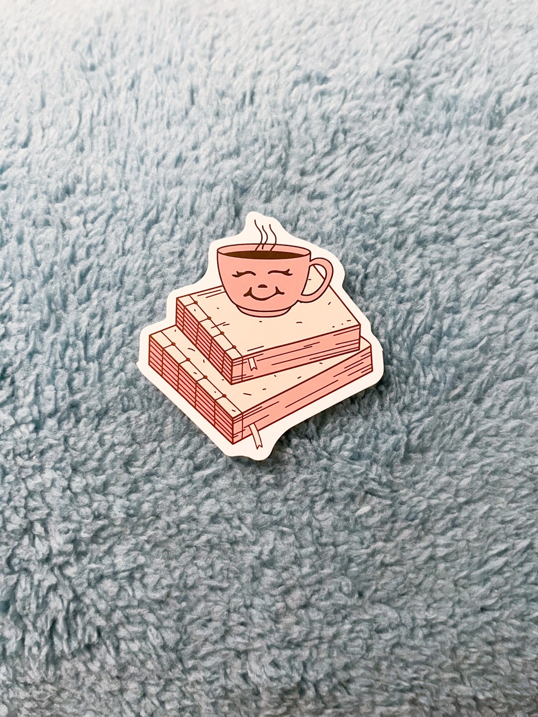 Pastel Pink Book Stack With Smiley Teacup Sticker Bookish - Etsy